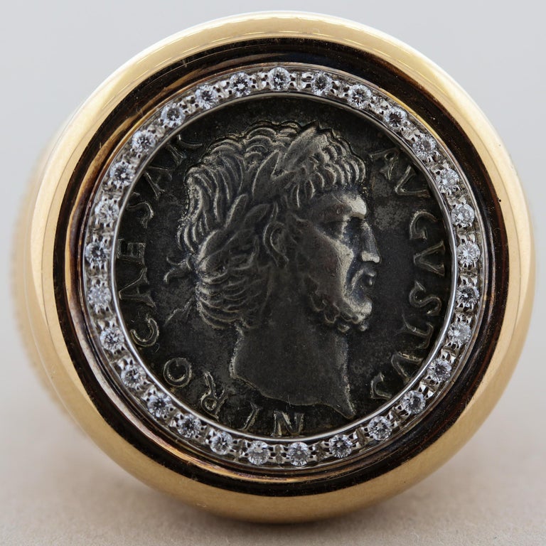 Diamond Ancient Roman Caesar Coin Gold Ring, circa 54 AD at 1stDibs