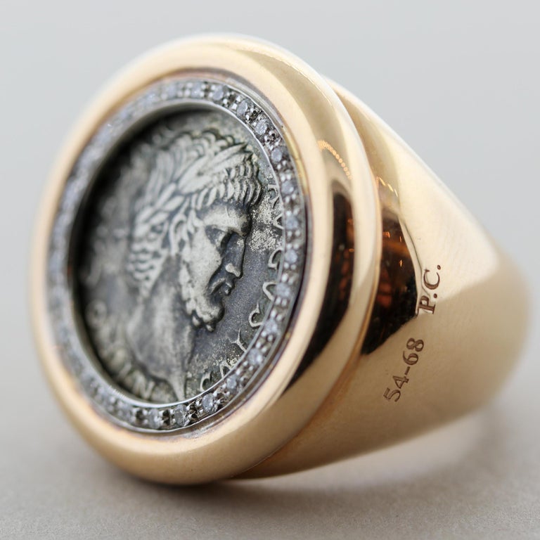Diamond Ancient Roman Caesar Coin Gold Ring, circa 54 AD at 1stDibs