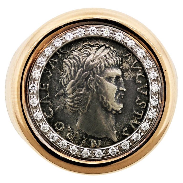 Diamond Ancient Roman Caesar Coin Gold Ring, circa 54 AD at 1stDibs