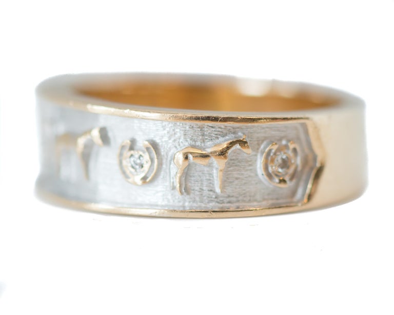 Diamond and 14 Karat Gold Band Lucky Horseshoe and Horse Equestrian ...