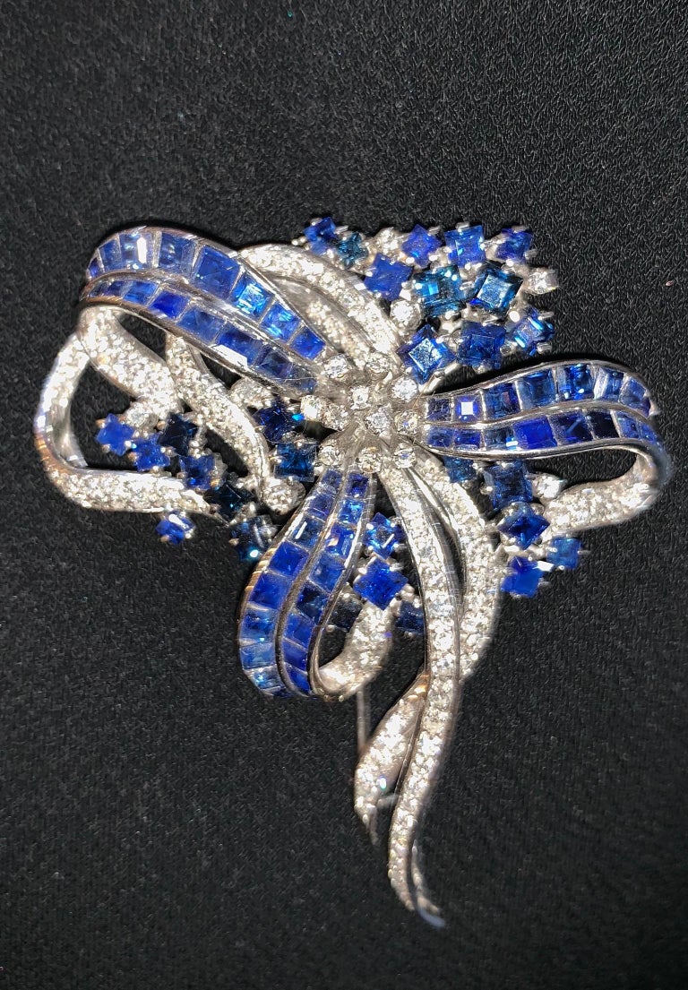 Diamond and Blue Sapphire Brooch at 1stDibs
