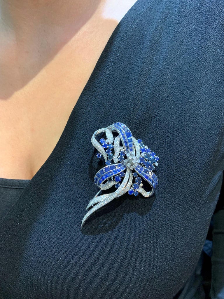 Diamond and Blue Sapphire Brooch at 1stDibs