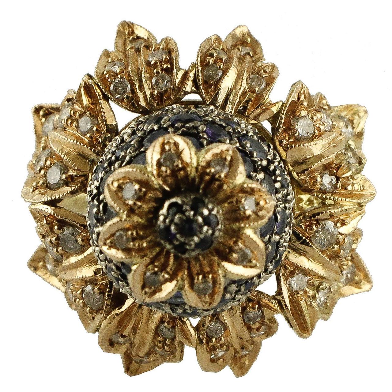 Diamonds and Blue Sapphires Rose Gold and Silver Flower Theme Ring at ...