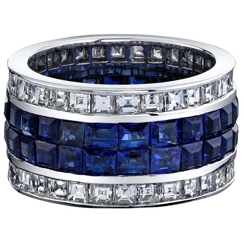Diamond Blue Sapphire Invisibly Set White Gold Wide Band Ring For Sale ...