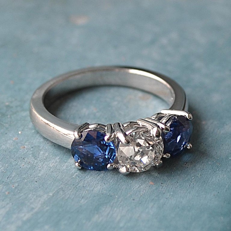 Diamond and Blue Sapphire Three-Stone Engagement Ring, Two Carat TW For ...