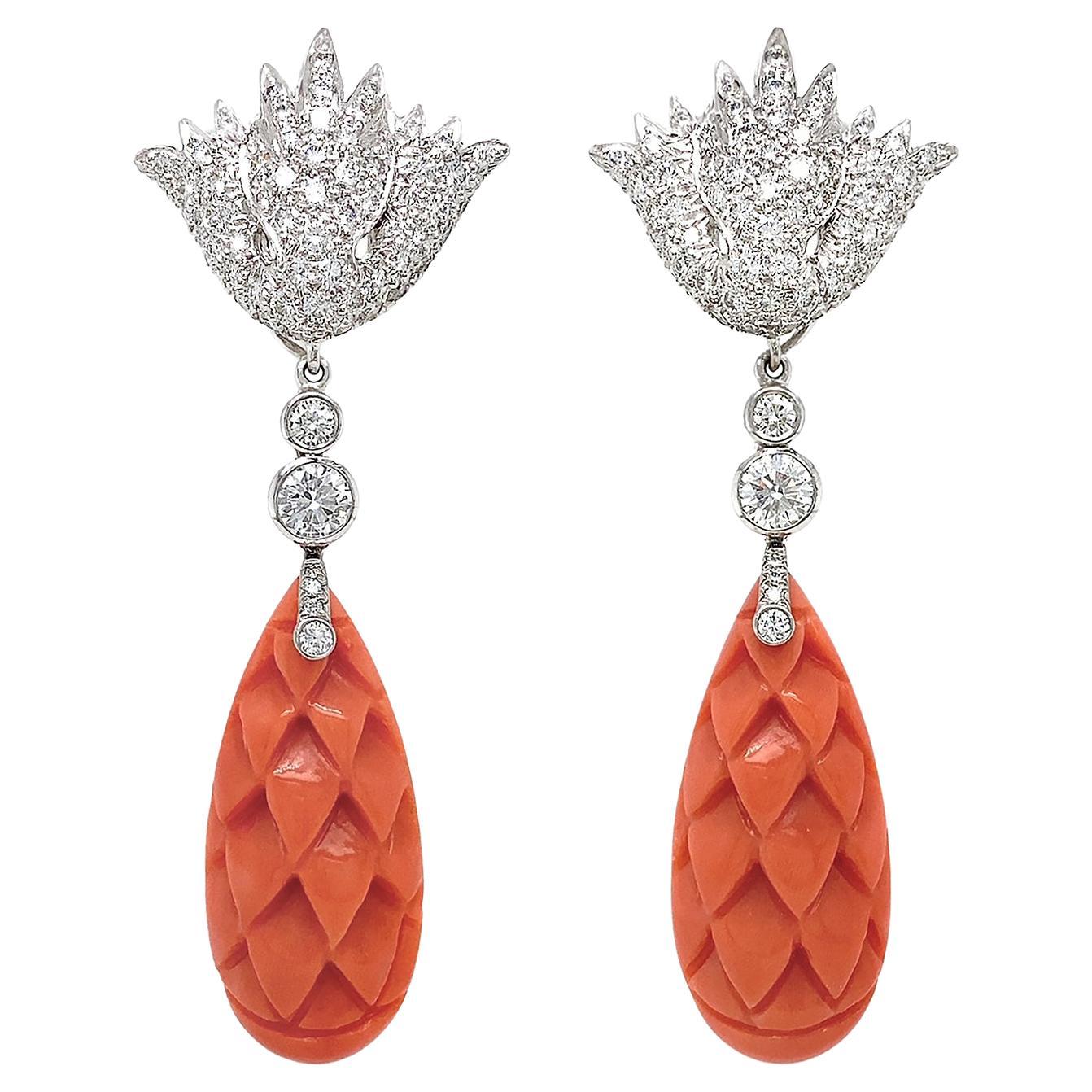 Coral and White Diamond Drop Earring For Sale at 1stDibs