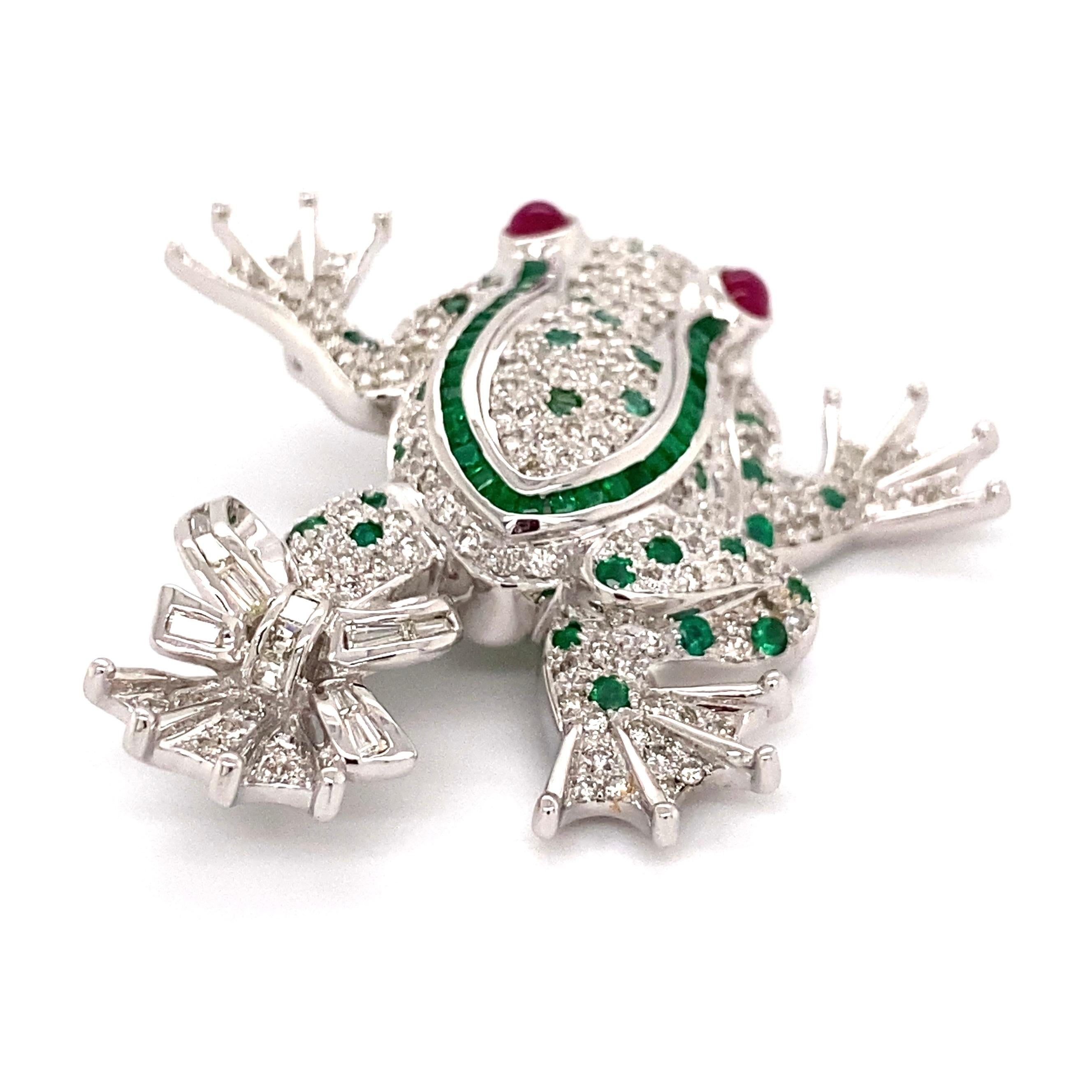 Diamond and Emerald Frog with Ruby Eyes Gold Brooch Pin Estate Fine ...
