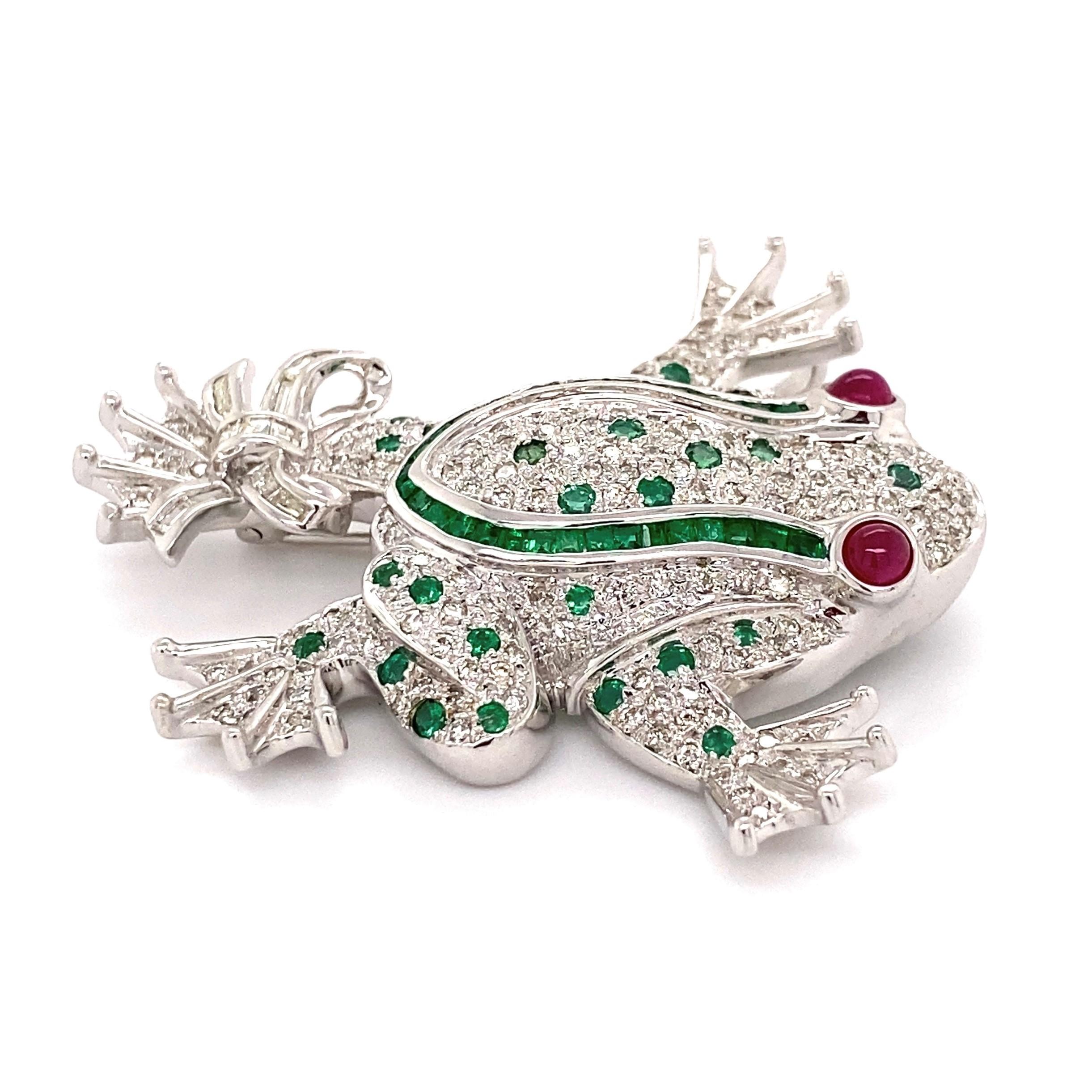 Diamond and Emerald Frog with Ruby Eyes Gold Brooch Pin Estate Fine ...