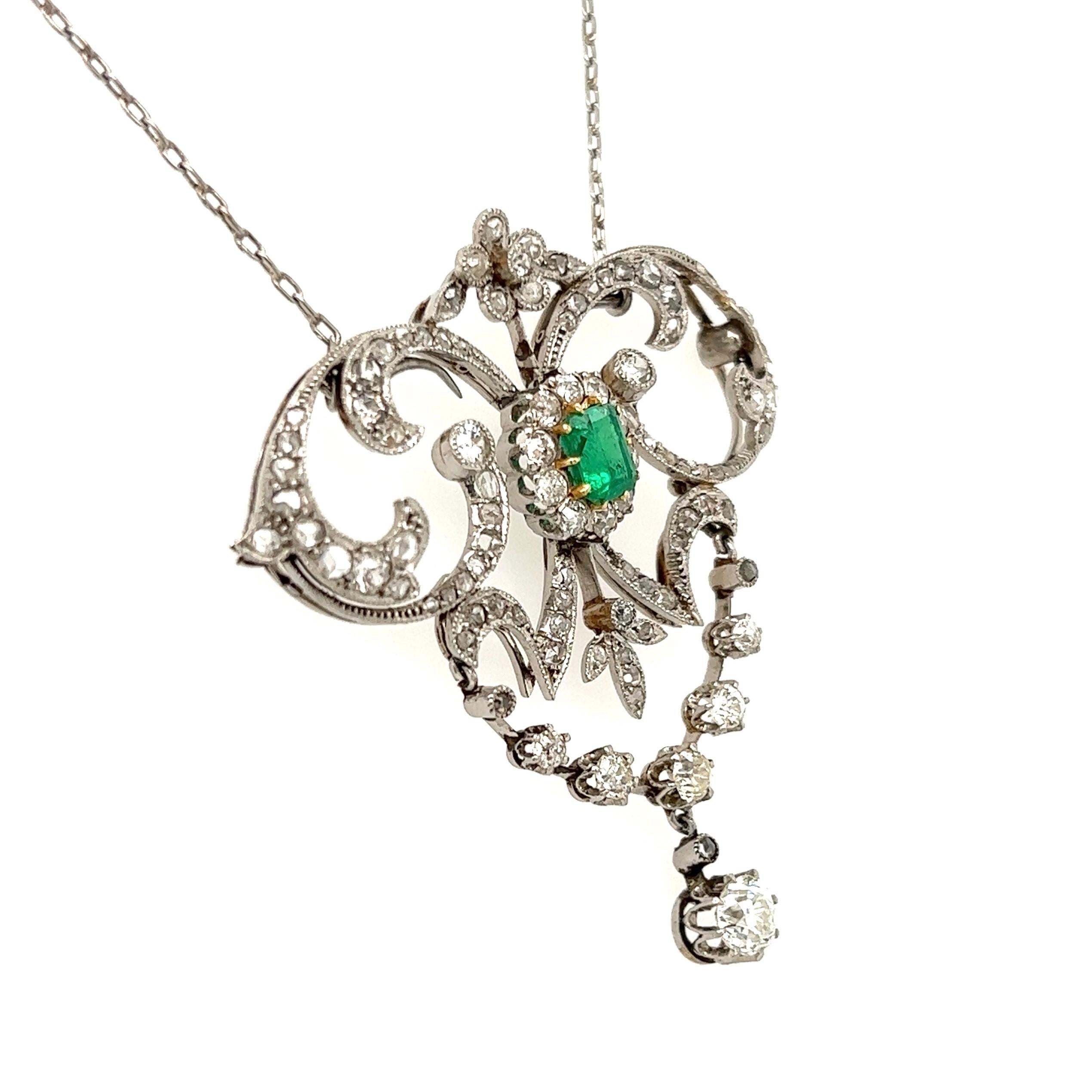 Diamond and Emerald Platinum Vintage Edwardian Lavaliere Pendant ...