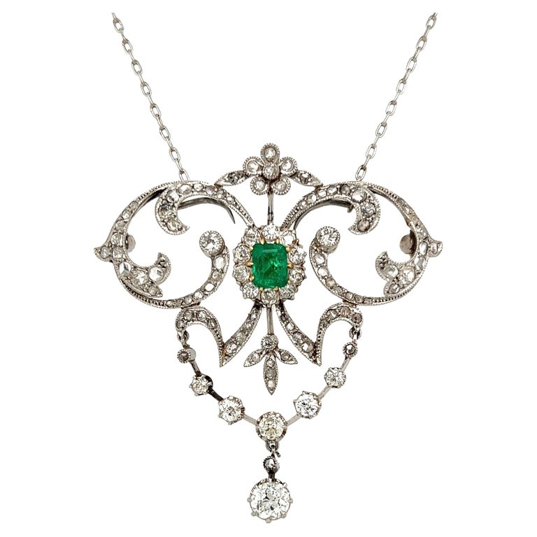 Diamond and Emerald Platinum Vintage Edwardian Lavaliere Pendant ...