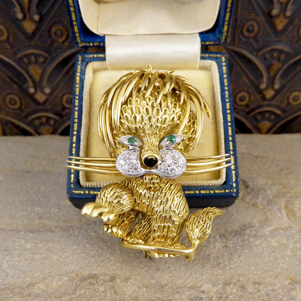 Diamond and Emerald Set Lion Brooch in 18 Carat Yellow Gold at 1stDibs