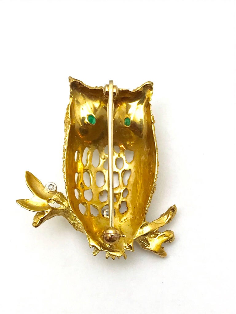 Diamond and Emerald Yellow Gold Owl Brooch at 1stDibs