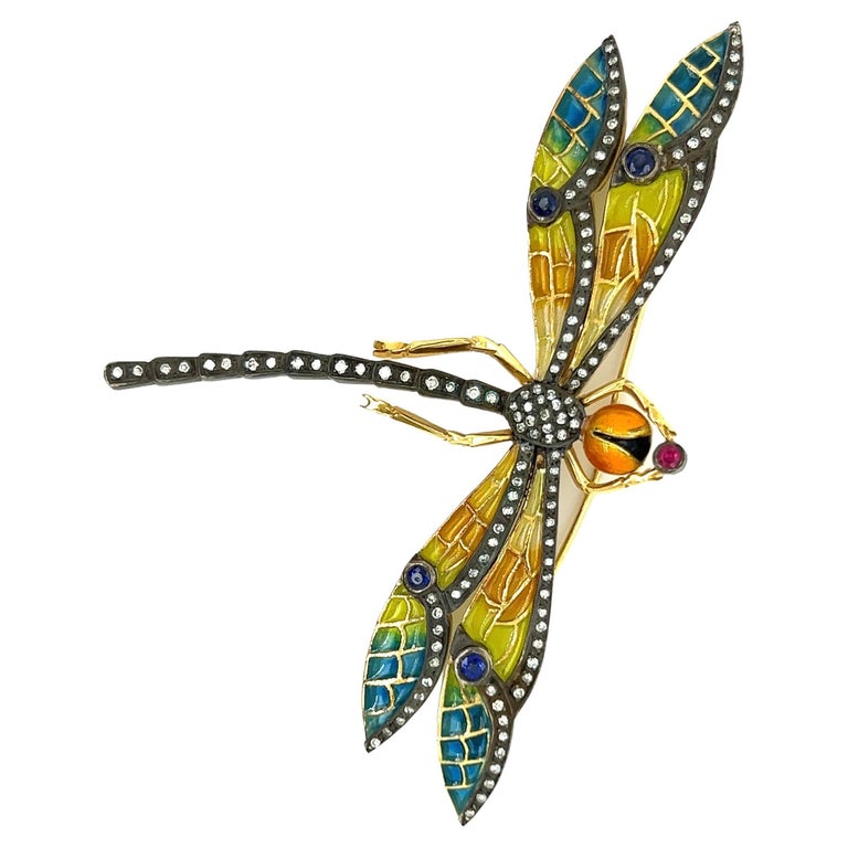 Diamond and Enamel Dragonfly Brooch For Sale at 1stDibs
