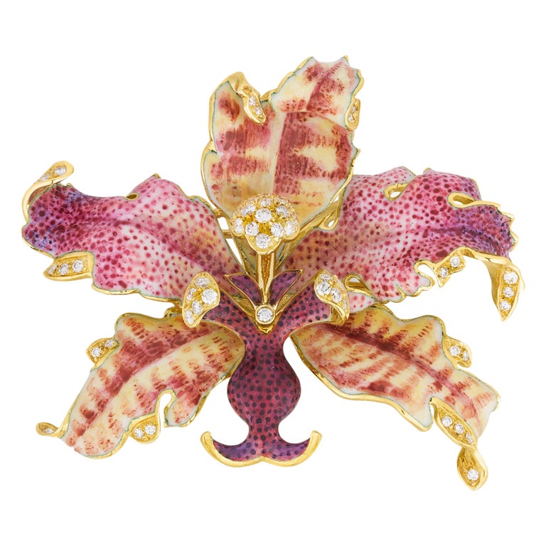 Diamond and Enamel Orchid Brooch at 1stDibs