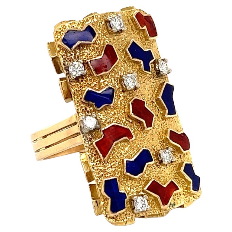 Diamond and Enamel Rectangular Avant-garde Gold Ring For Sale at 1stDibs