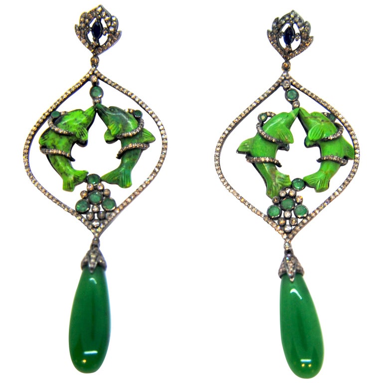 Diamond and Green Turquoise Dolphin Chandelier 18 Karat Gold and Silver ...