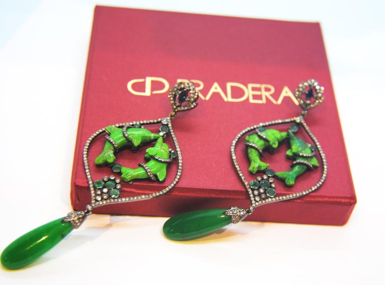 Diamond and Green Turquoise Dolphin Chandelier 18 Karat Gold and Silver ...