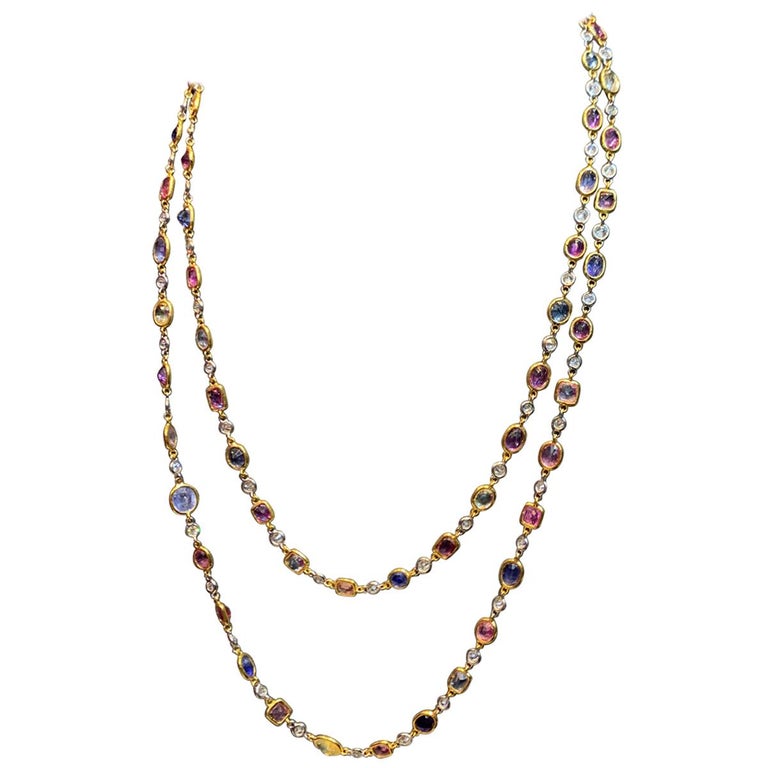 Diamond and Multi-Color Sapphire Long Chain Necklace at 1stDibs