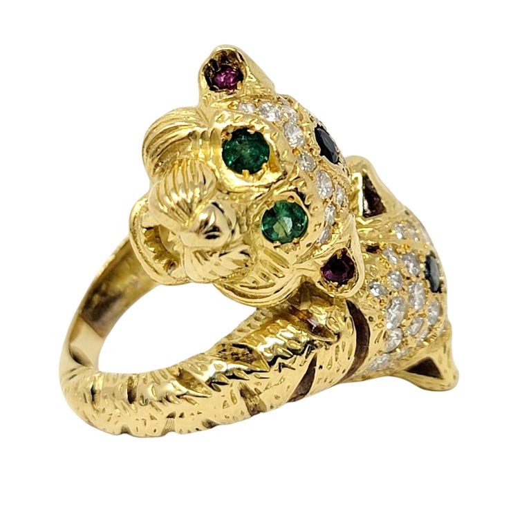 Diamond and Multi Gemstone Tiger Head Bypass Ring in 18 Karat Yellow ...