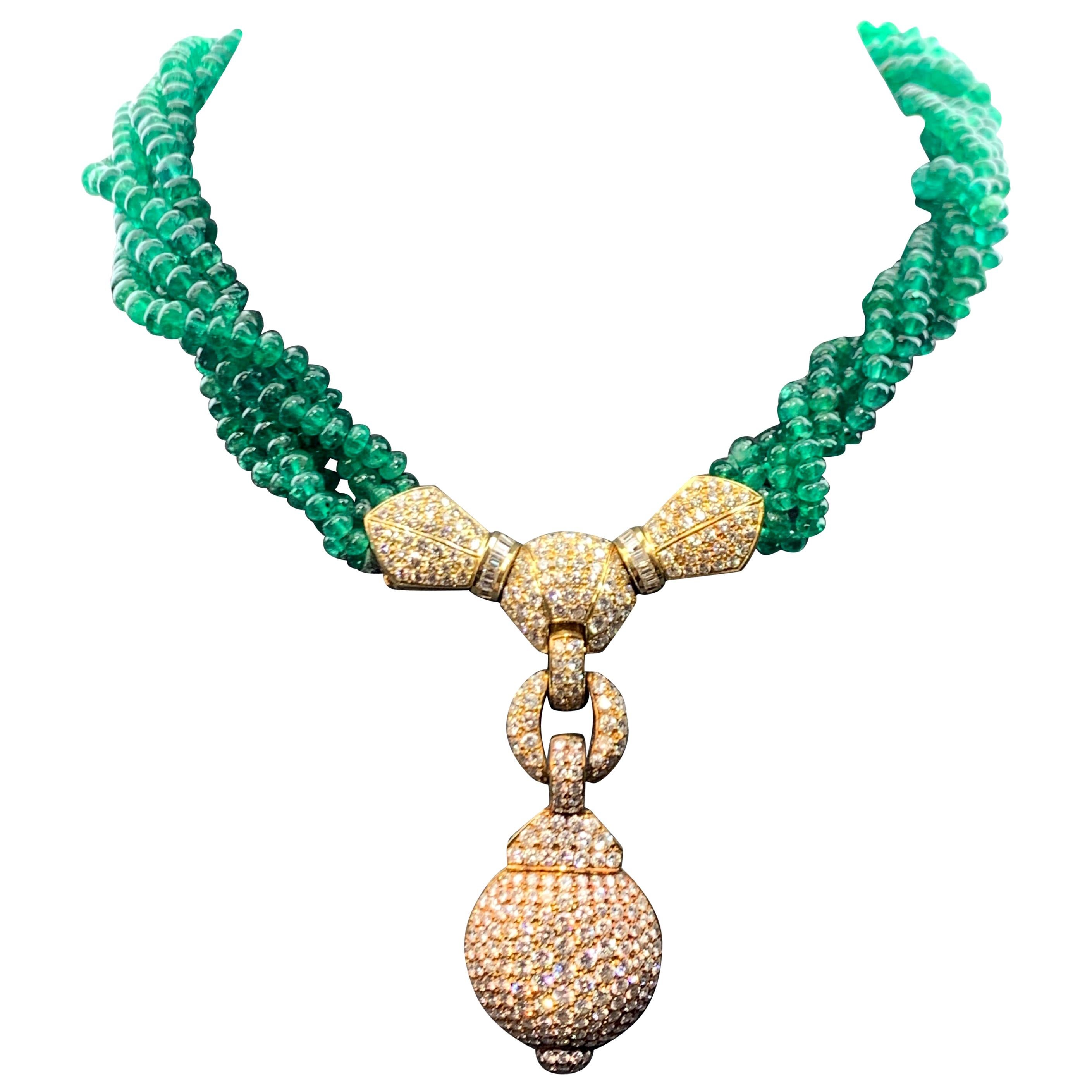 Lions Head Multi Strand Pearl Emerald Ruby Diamond Gold Necklace For Sale at 1stDibs