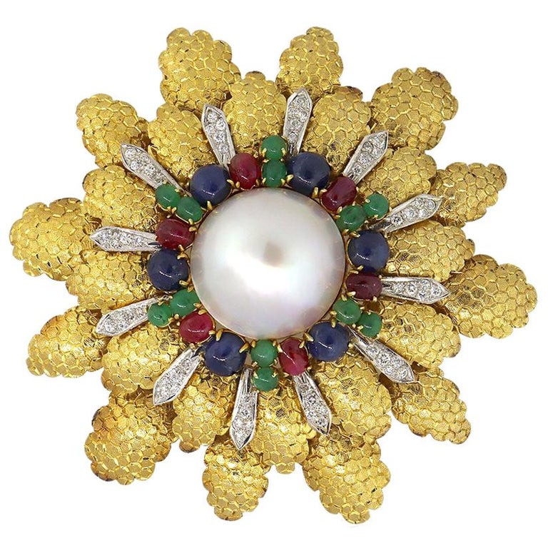 Diamond and Multistone Big Flower Pearl Pin For Sale at 1stDibs