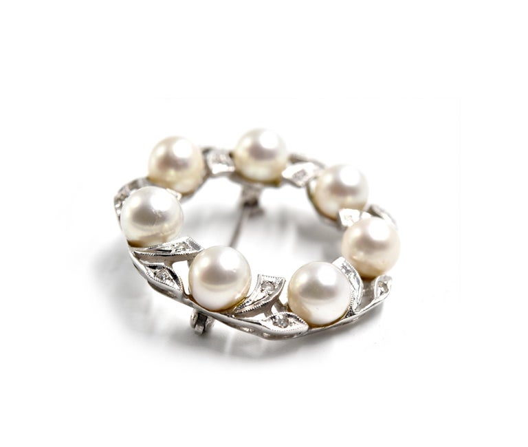 Diamond and Pearl Circle Pin 14 Karat White Gold at 1stDibs