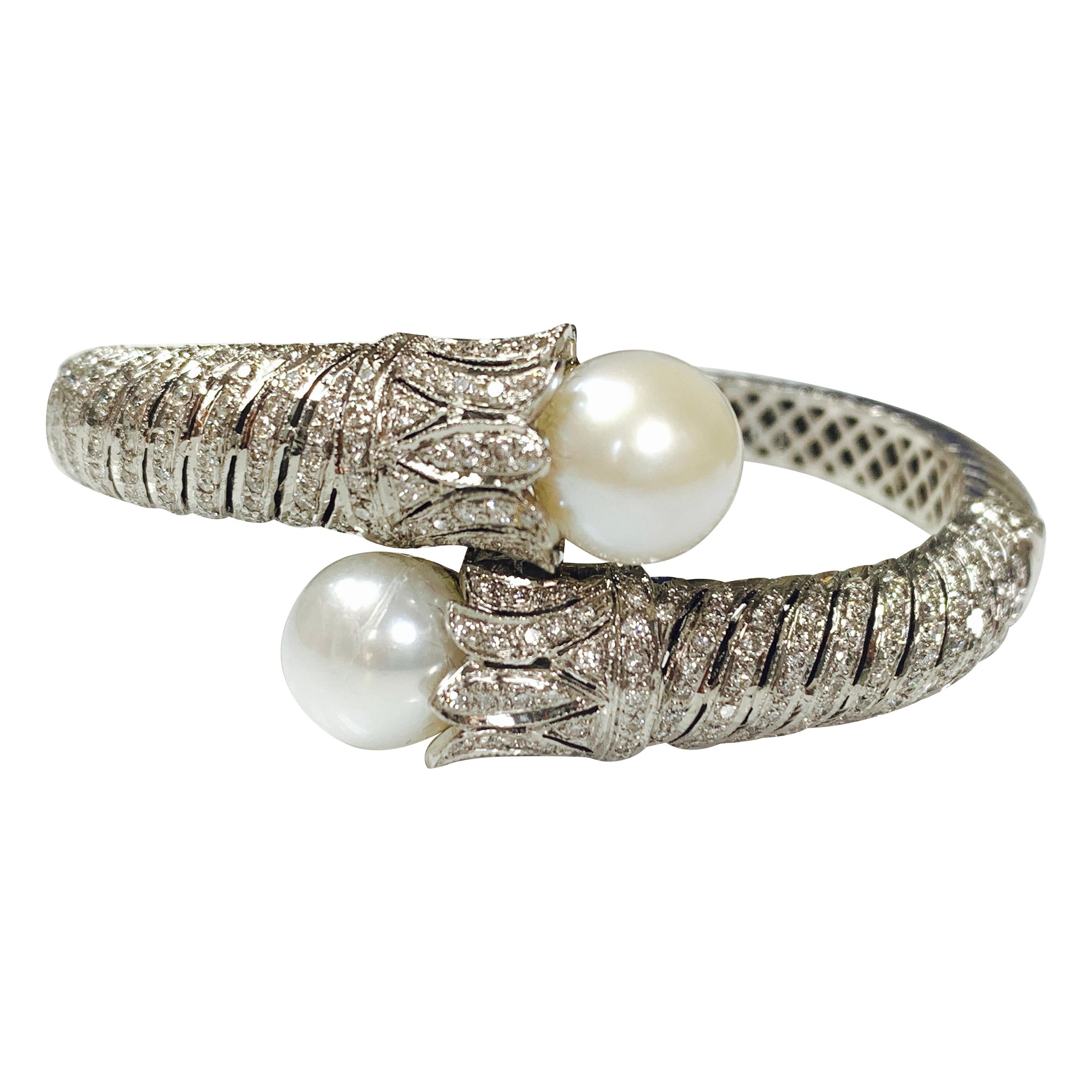 Diamond and Pearl Flexible Bangle in 18 Karat White Gold For Sale at ...