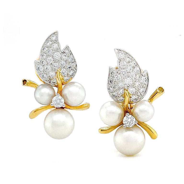 Diamond and Pearl Leaf Earrings For Sale at 1stDibs