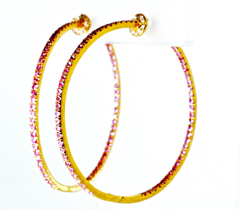 Diamond and Pink Sapphire Hoop Style Earrings For Sale at 1stDibs