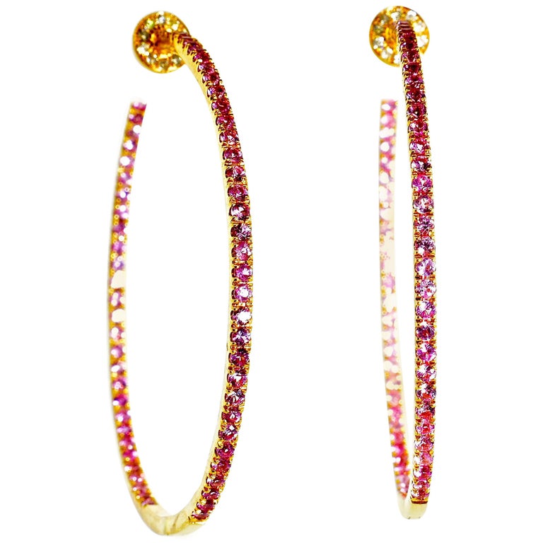 Diamond and Pink Sapphire Hoop Style Earrings For Sale at 1stDibs