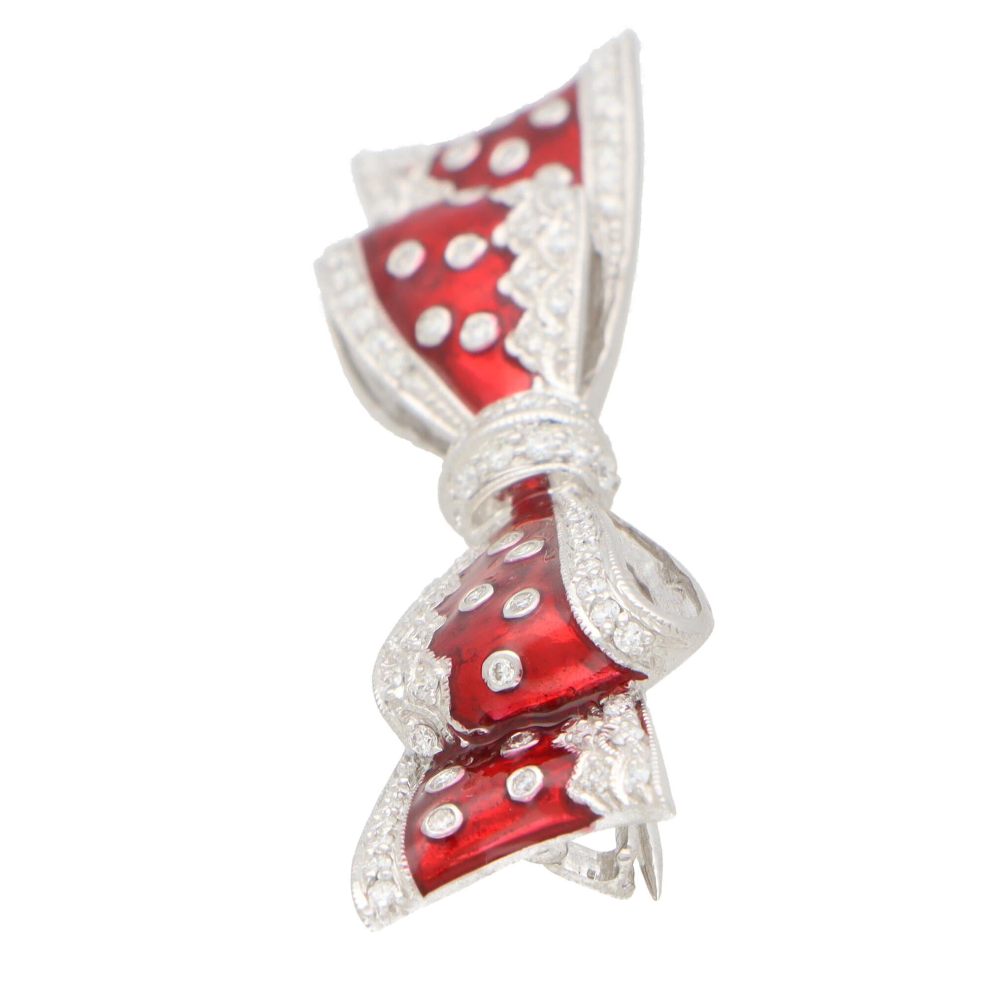 Diamond and Red Enamel Bow Brooch in 18k White Gold For Sale at 1stDibs