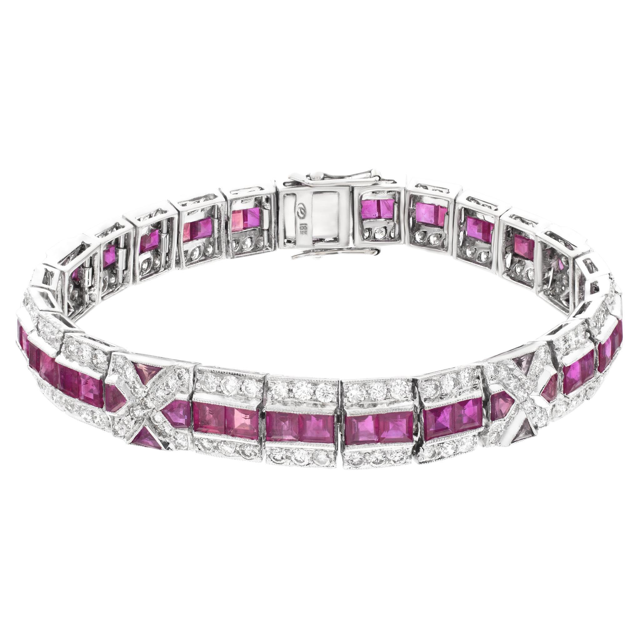 18k White Gold Diamond and Ruby Estate Carpet Style Bracelet For Sale ...