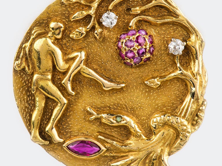 Diamond and Ruby Adam and Eve Pendant Necklace For Sale at 1stDibs