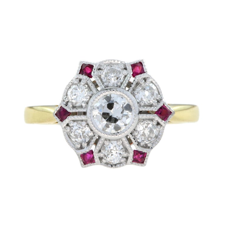 Customizable Diamond and Ruby Antique Style Floral Ring in 18k White ...