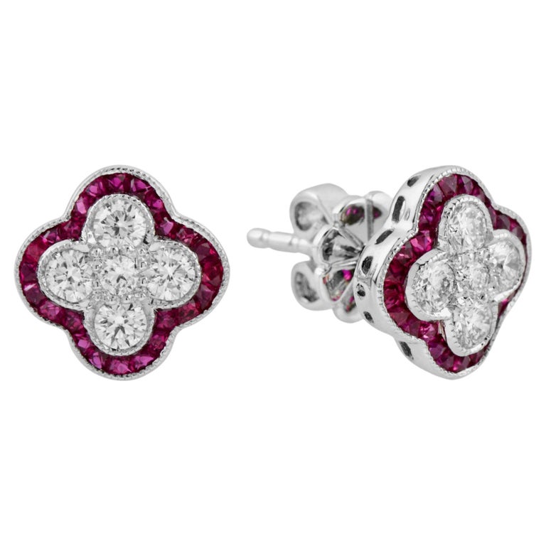 Diamond and Ruby Art Deco Style Floral Cluster Stud Earrings in 18K ...