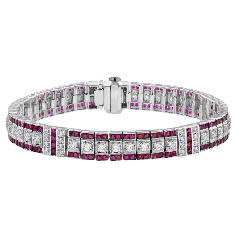 Diamond and Ruby Art Deco Style Link Bracelet in 18k White Gold For ...