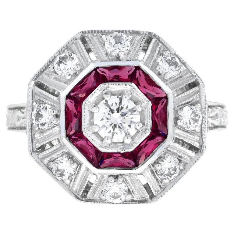 Customizable Diamond and Ruby Art Deco Style Octagon Target Ring in 18K ...