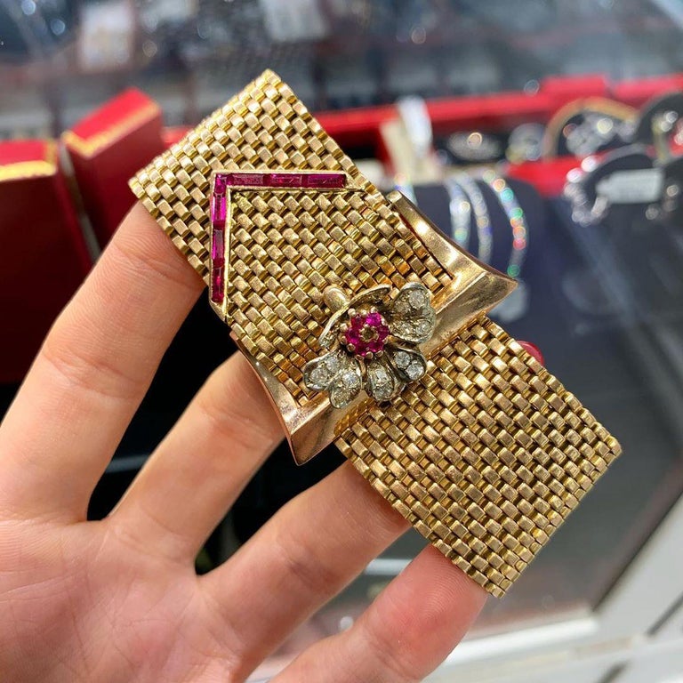Diamond and Ruby Belt Buckle Bracelet Set in 18k Rose Gold, circa 1940 ...