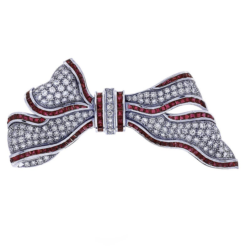 Diamond and Ruby Bow Brooch Pin For Sale at 1stDibs