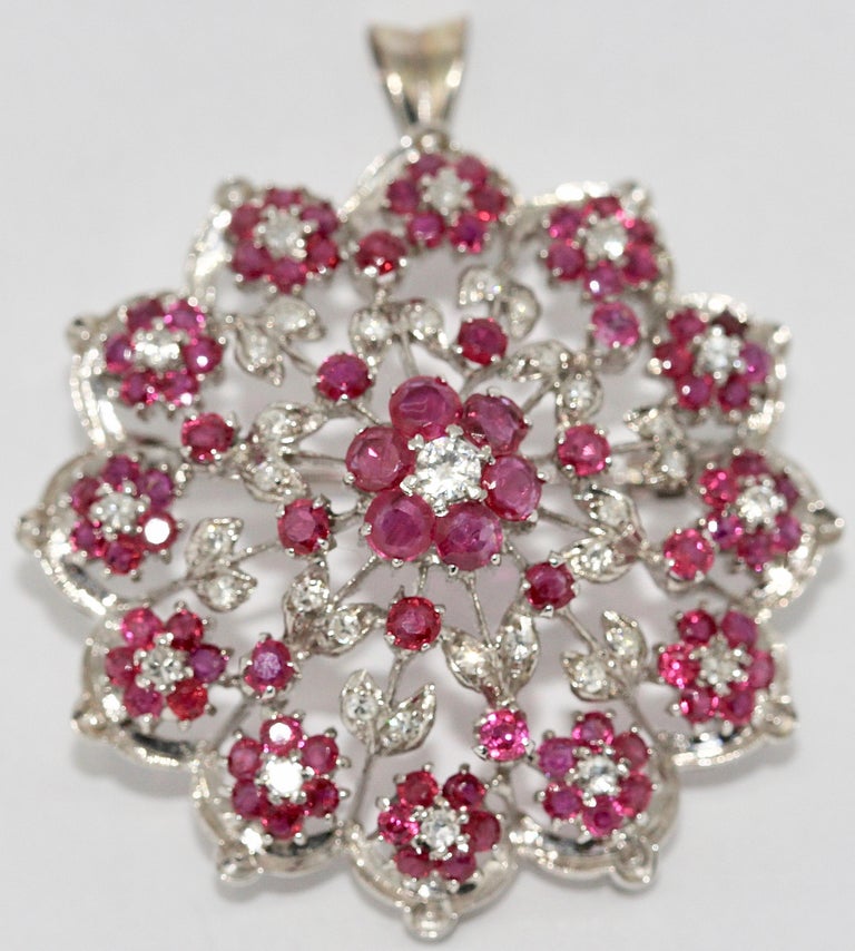 Diamond and Ruby Brooch, Pendant, Enhancer, 18 Karat White Gold, Flower ...
