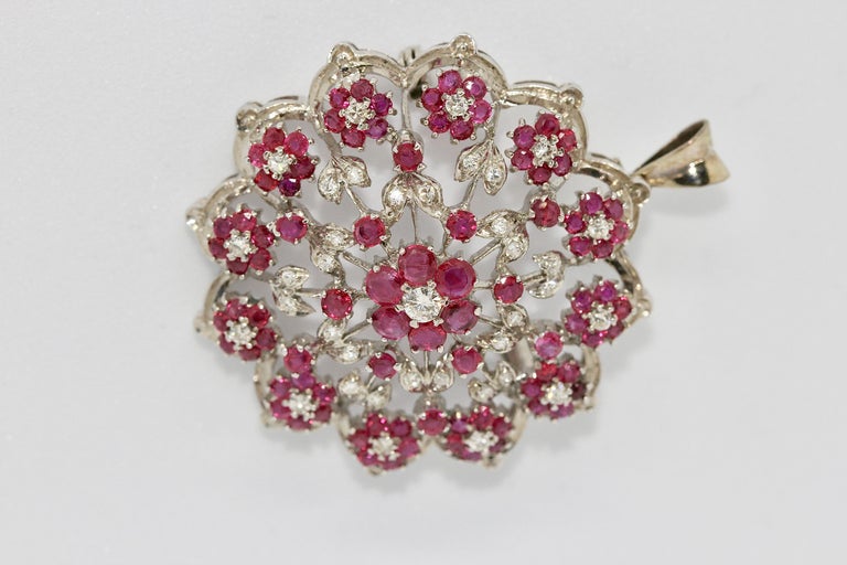 Diamond and Ruby Brooch, Pendant, Enhancer, 18 Karat White Gold, Flower ...
