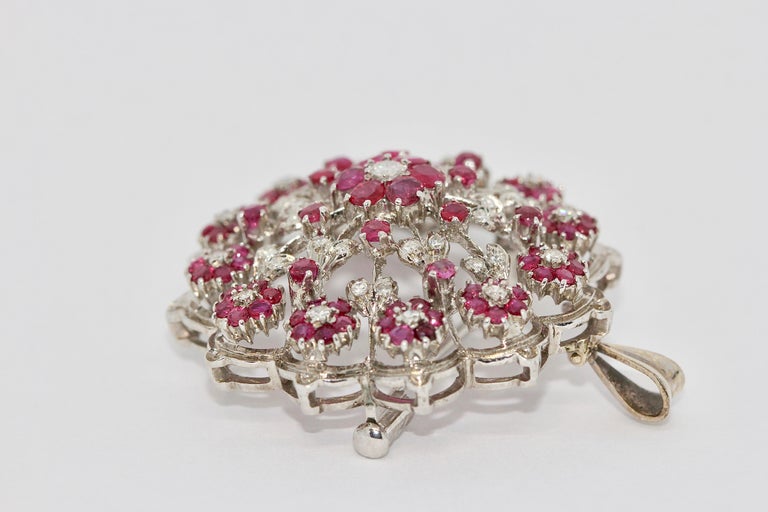 Diamond and Ruby Brooch, Pendant, Enhancer, 18 Karat White Gold, Flower ...