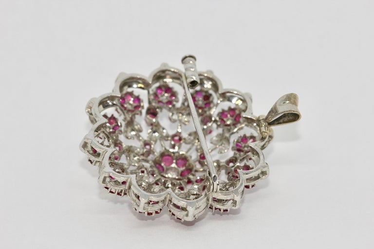 Diamond and Ruby Brooch, Pendant, Enhancer, 18 Karat White Gold, Flower ...