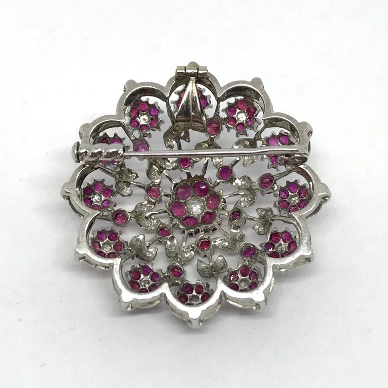 Diamond and Ruby Brooch, Pendant, Enhancer, 18 Karat White Gold, Flower ...