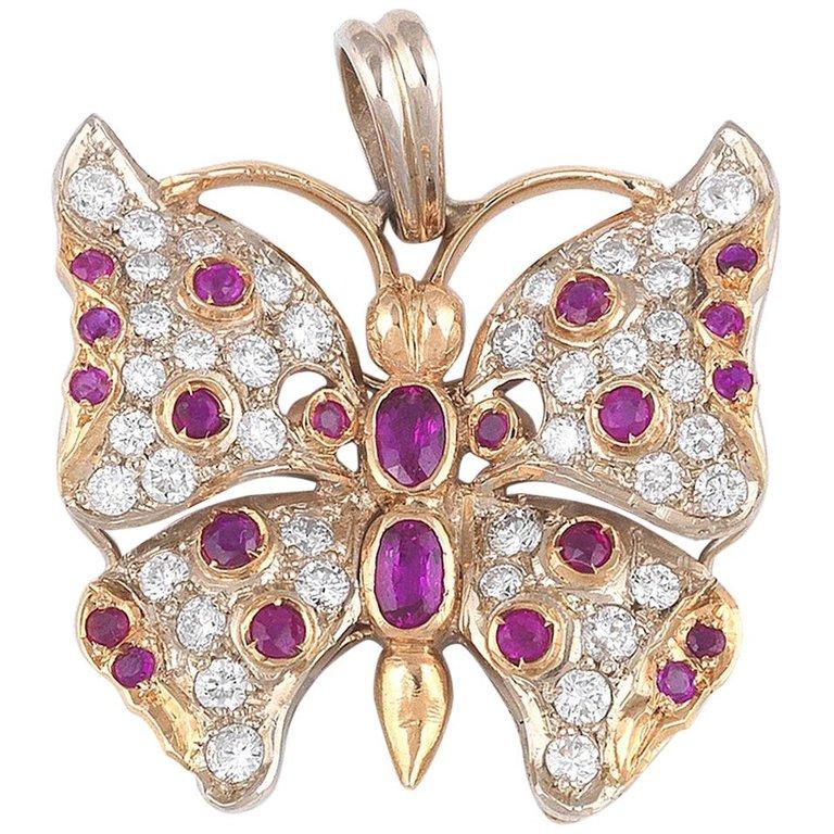 Diamond and Ruby Butterfly Pendant For Sale at 1stDibs