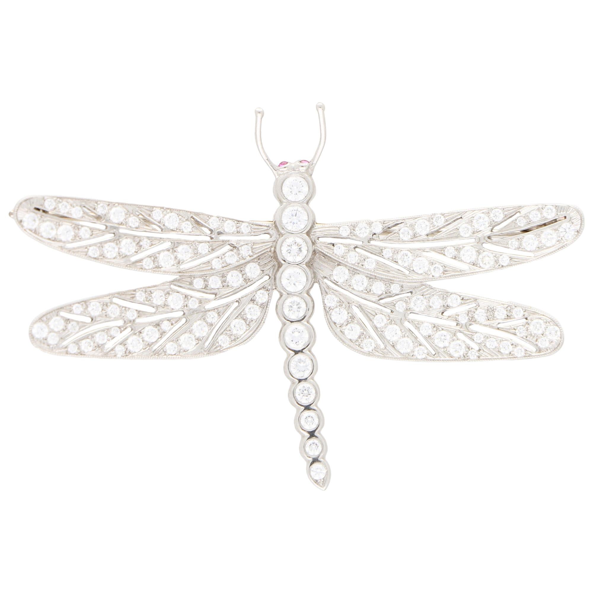Diamond and Ruby Dragonfly Brooch Set in Platinum at 1stDibs