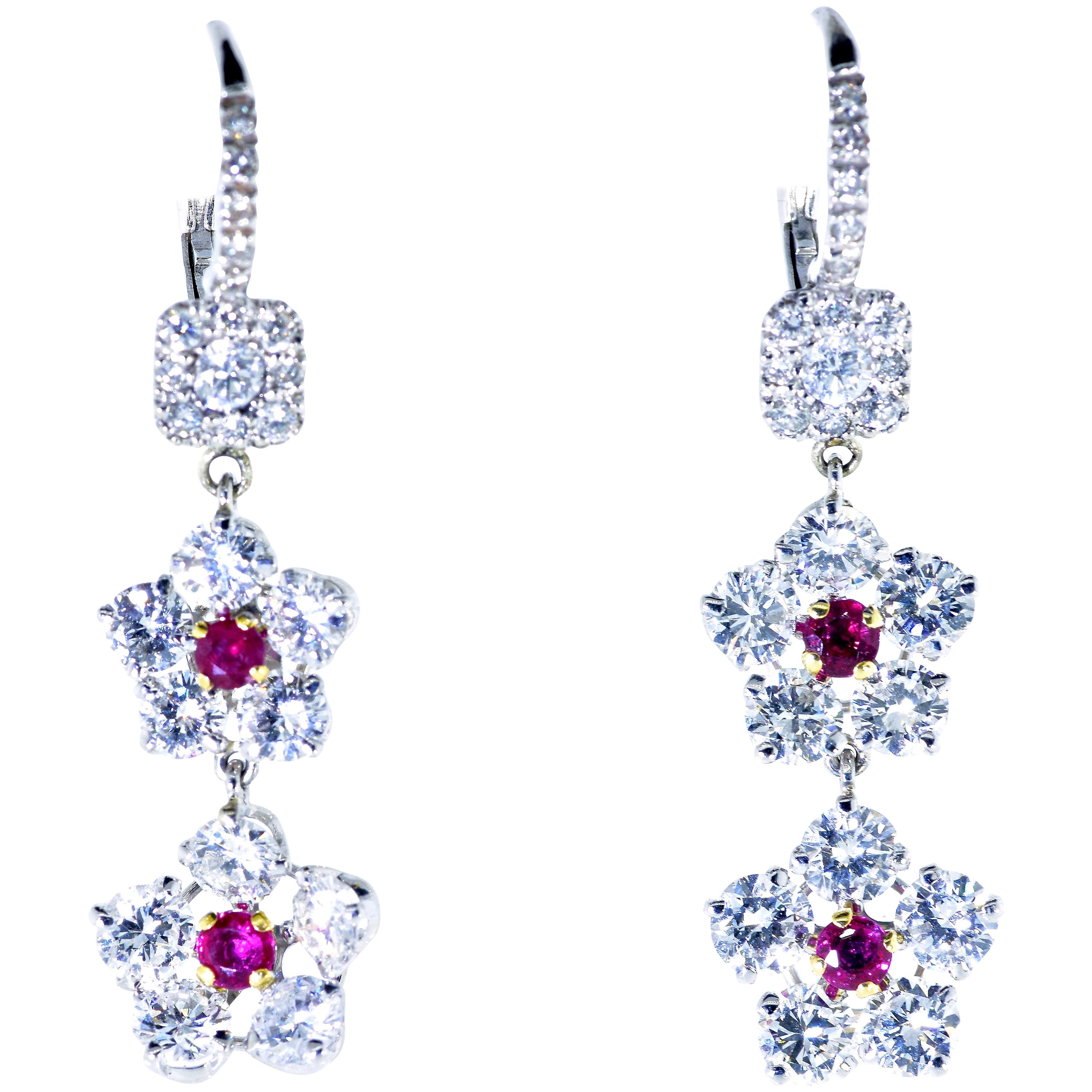 Victorian Ruby Silver Diamond Gold Rosette Earrings For Sale at 1stDibs
