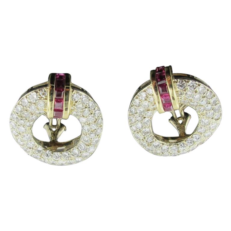 18 Karat Yellow Gold Diamond and Invisible Set Ruby Earrings For Sale ...
