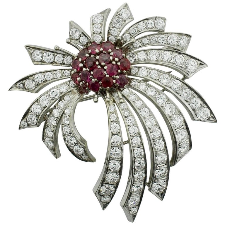 Diamond and Ruby "Fireworks" Spray Brooch-Pendant in 18 karat, circa ...