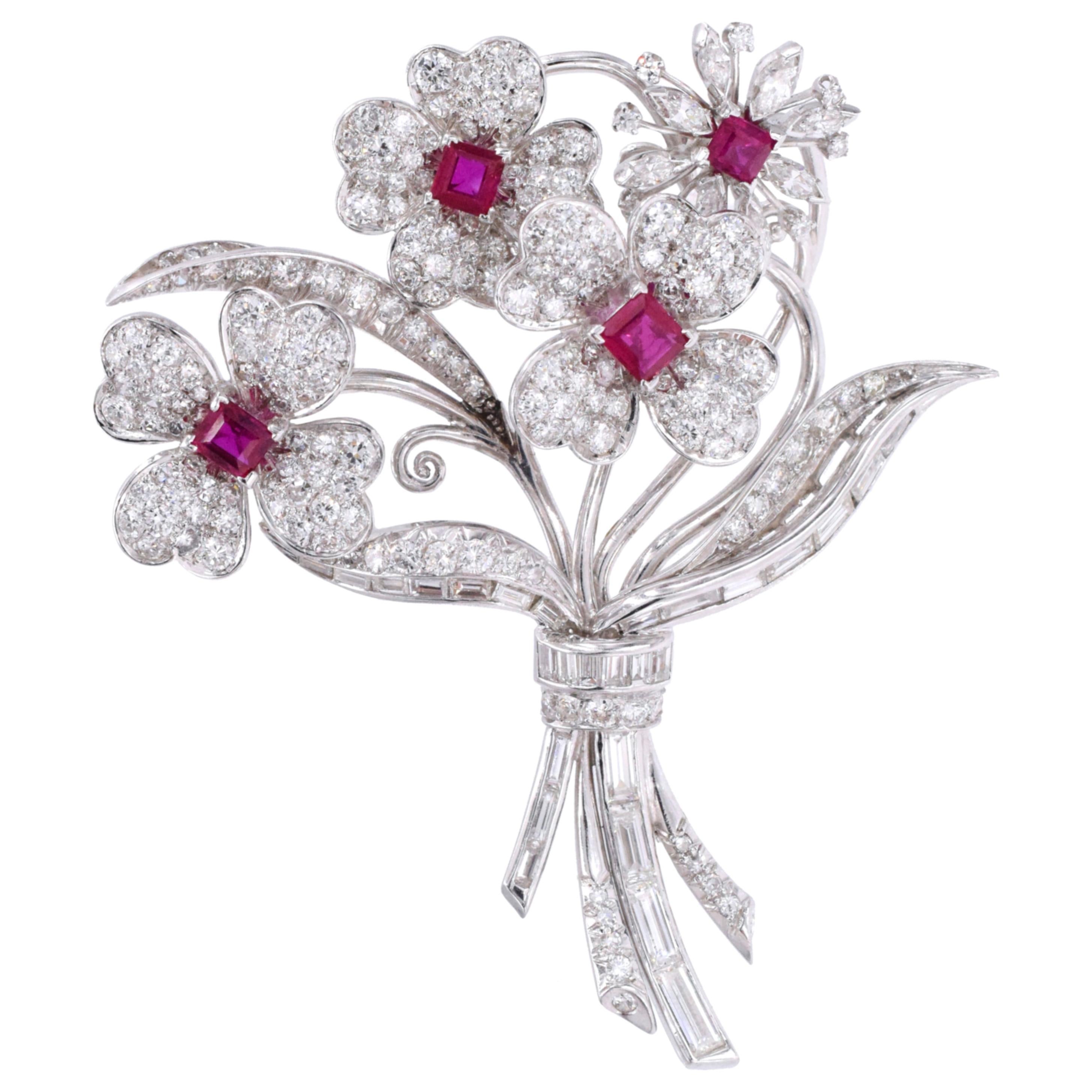 Diamond and Ruby Floral Brooch For Sale at 1stDibs